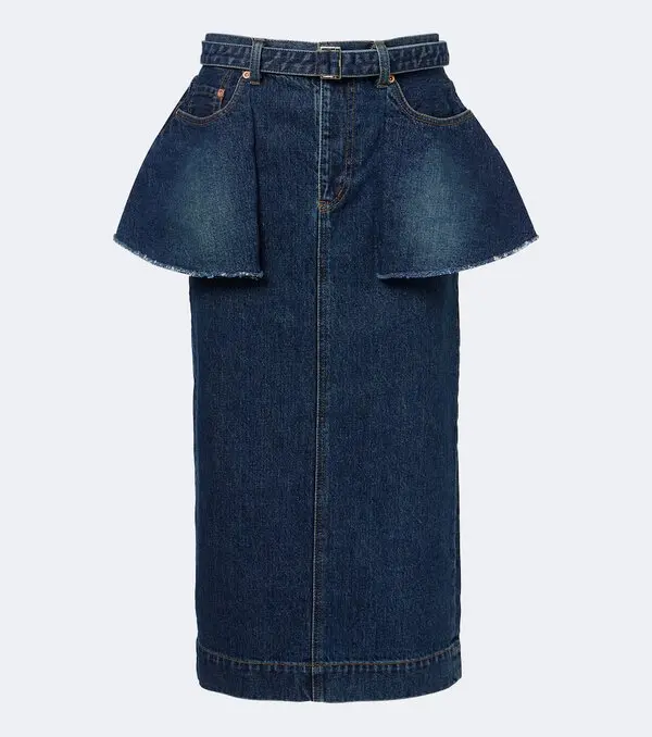 Sacai Belted Peplum Denim Midi Skirt