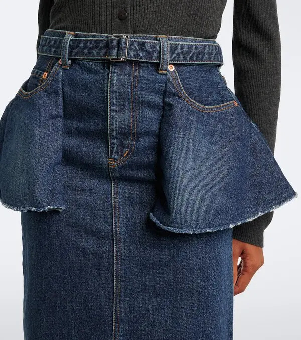 Sacai Belted Peplum Denim Midi Skirt