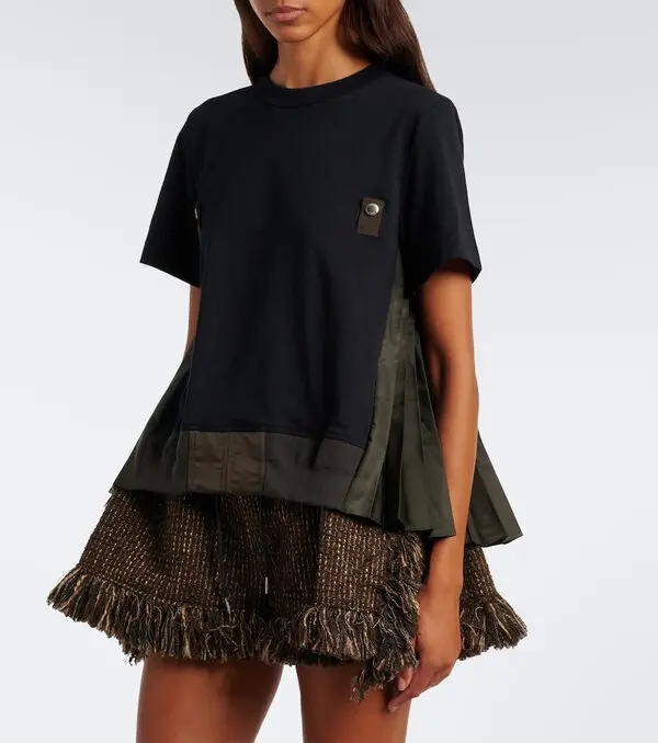 Sacai Paneled Plisse Cotton Jersey T-shirt