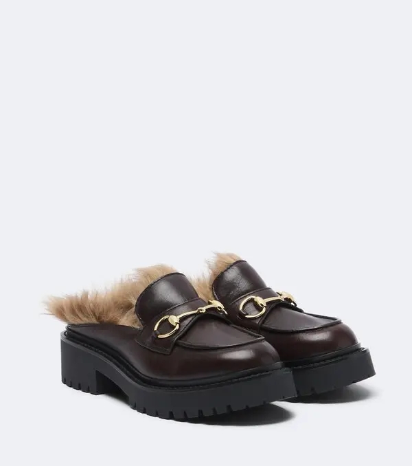 Gucci Shearling-lined Leather Mules - Black