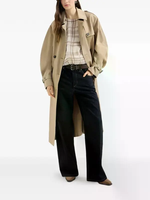 Brunello Cucinelli Silk Organza T-shirt In Macrocheck Print With Shiny Neck Detail - Neutrals