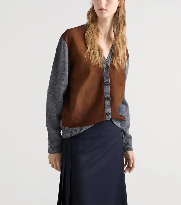 Prada Wool Suede-trim V-neck Cardigan