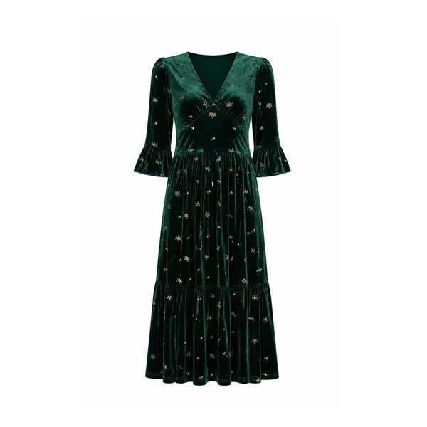 YUMI Velvet Embroidered Midi Dress