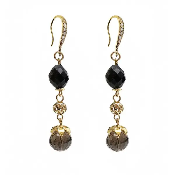 FARRA Obsidian With Smoky Quartz Dangle Earrings