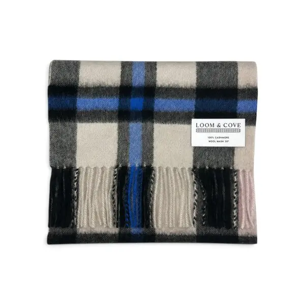 LOOM & COVE Blue/camel Check 100% Cashmere Tartan Scarf