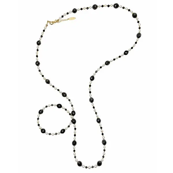 FARRA Romantic Style Oval Obsidian With White Freshwater Pearl Long Necklace - Black