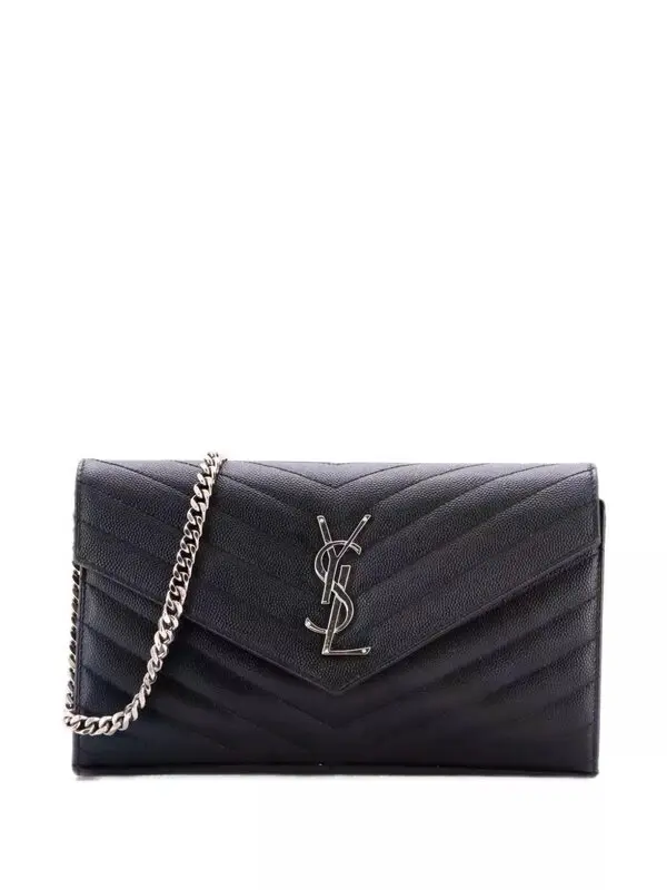 Saint Laurent Classic Monogram Wallet On Chain Matelasse Chevron Leather Medium Crossbody Bag - Black