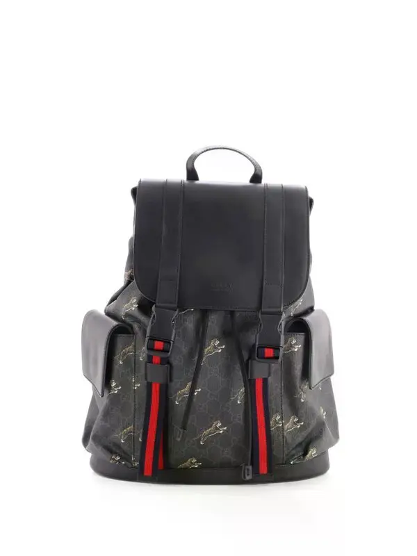 Gucci Double Pocket Buckle Printed Gg Coated Canvas Large Backpack - Black