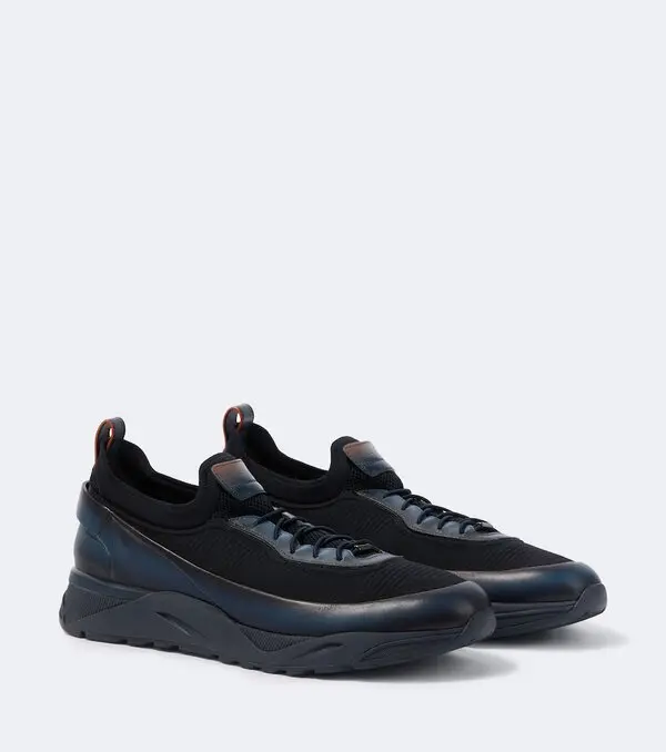 Santoni Leather-trimmed Knitted Sneakers