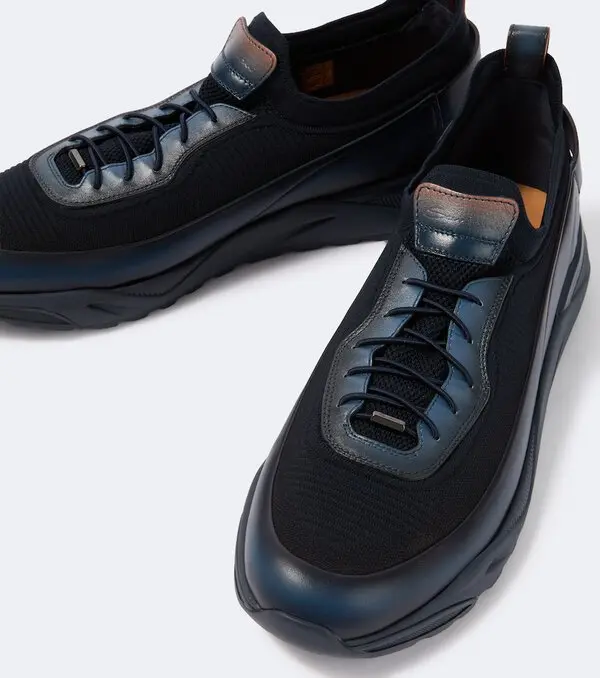 Santoni Leather-trimmed Knitted Sneakers