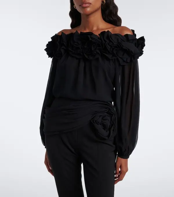 Carolina Herrera Floral-applique Gathered Silk Top