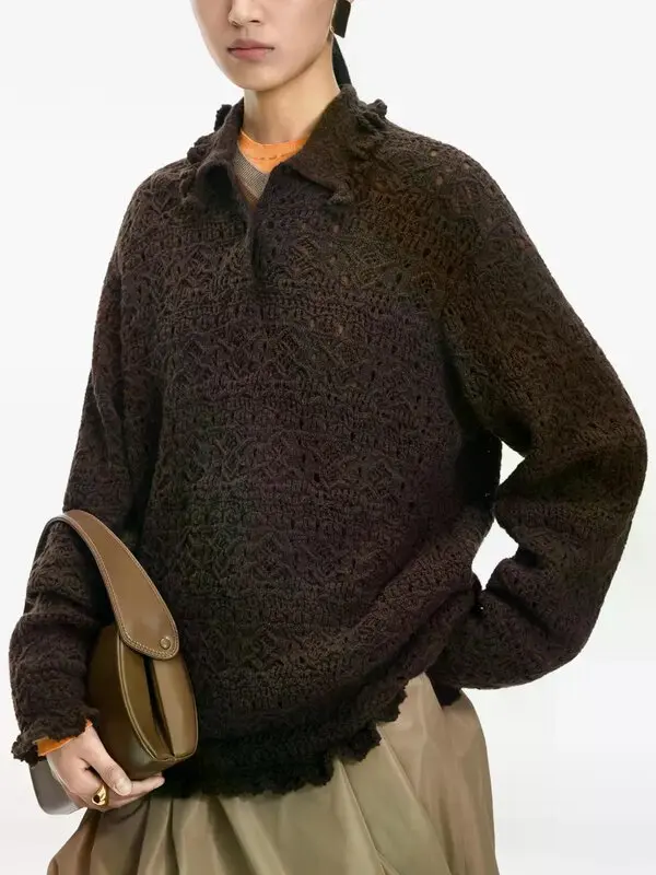JNBY Crochet-knit Ruffled Polo Top - Brown
