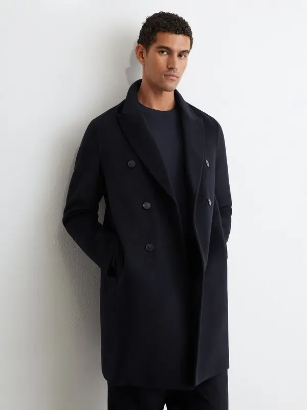 REISS Wool-blend Double-breasted Epsom Overcoat - Navy