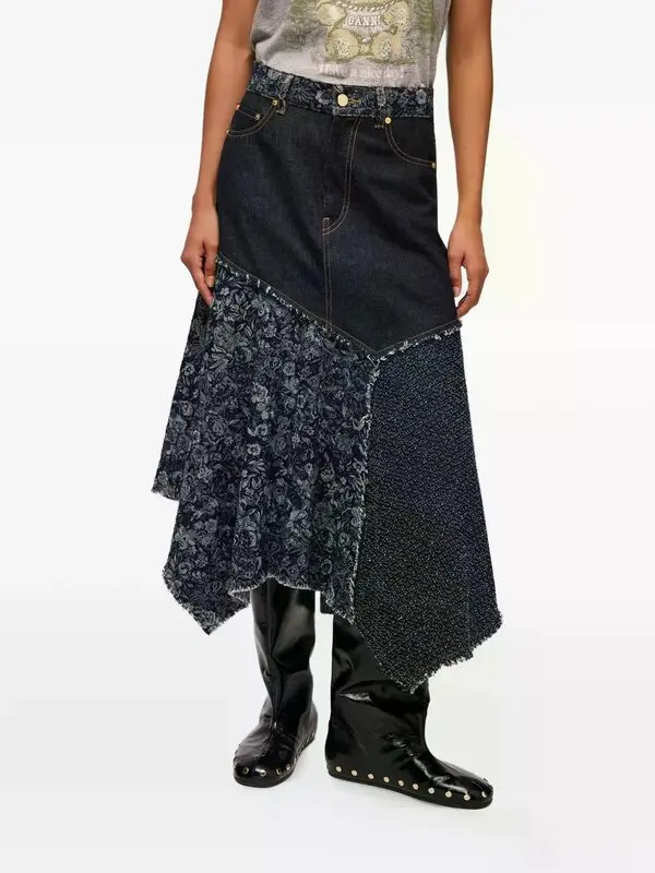 GANNI Patchwork Frayed-edge Skirt