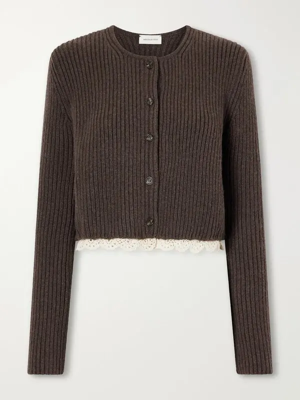 Magda Butrym Crochet-trimmed Ribbed Cashmere Cardigan - Brown