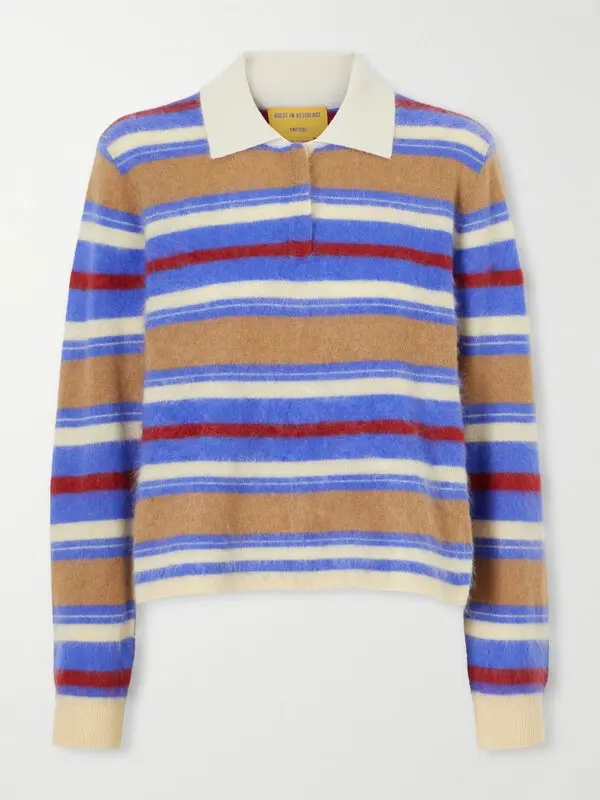 Guest In Residence Grizzly Cropped Striped Brushed Cashmere Polo Sweater - Multi