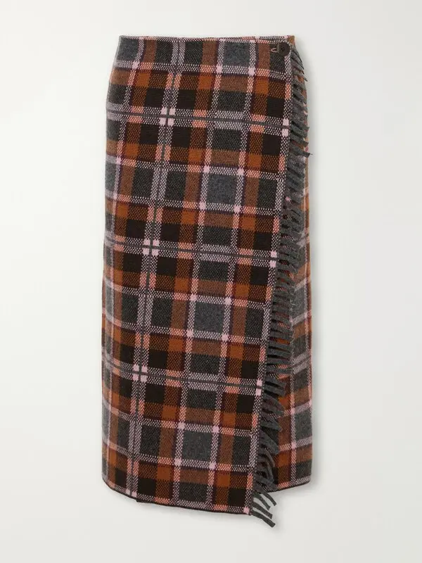 Guest In Residence Tartan Wrap Fringed-detail Wool And Cashmere-blend Midi Skirt - Multi