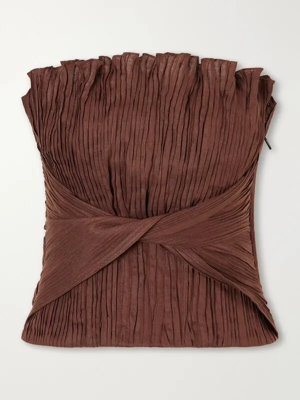ANDRES OTALORA De Los Astros Pleated Twisted Linen Bustier Top - Brown