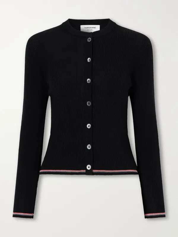 Thom Browne Ribbed Merino Wool Cardigan - Black