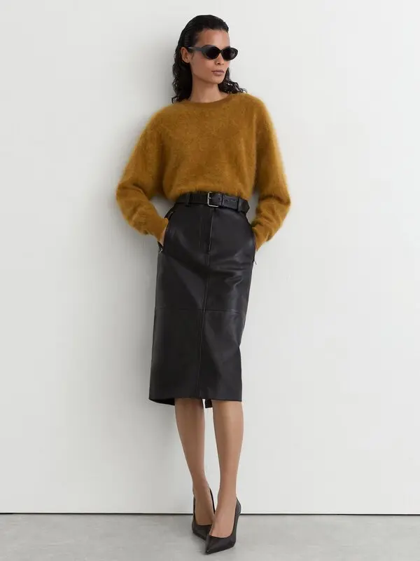 REISS Leather Belted Midi Pencil Skirt