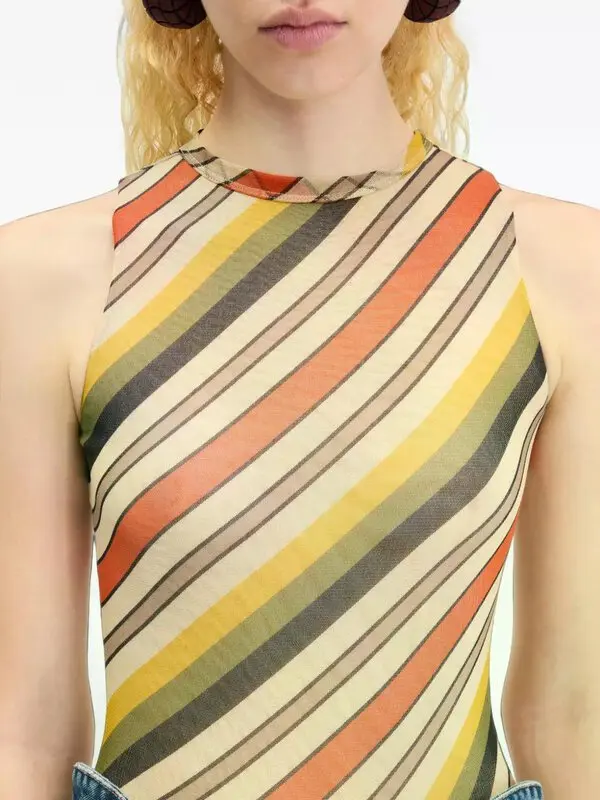 JEAN PAUL GAULTIER Mesh Tank-top Body Printed Retro Stripe - Neutrals