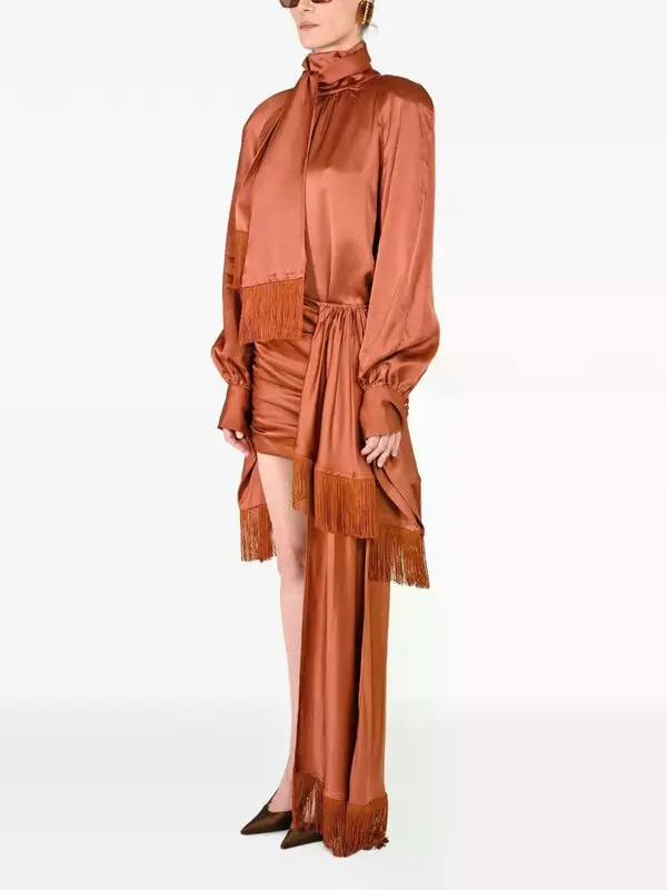 ROWEN ROSE Fringe-trimmed Draped Mini Skirt - Orange