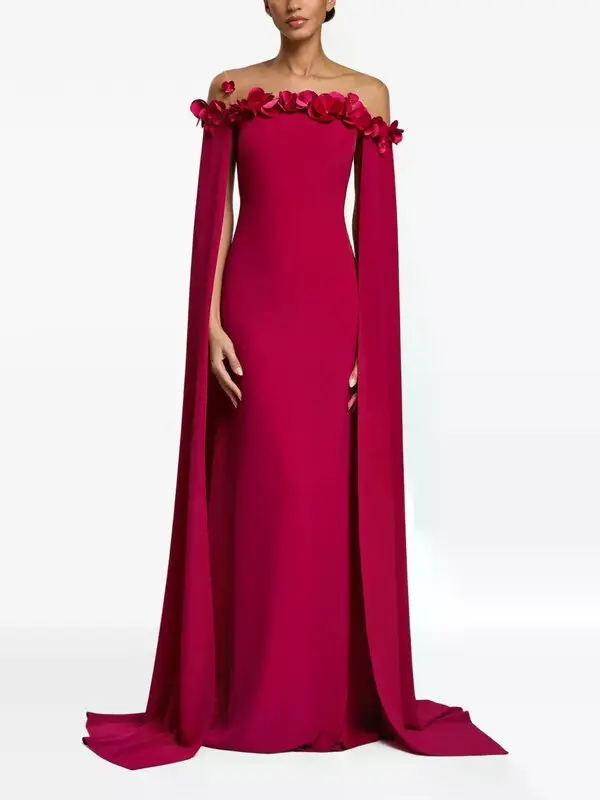 CRISTALLINI Floral-appliqué Cape-sleeve Dress
