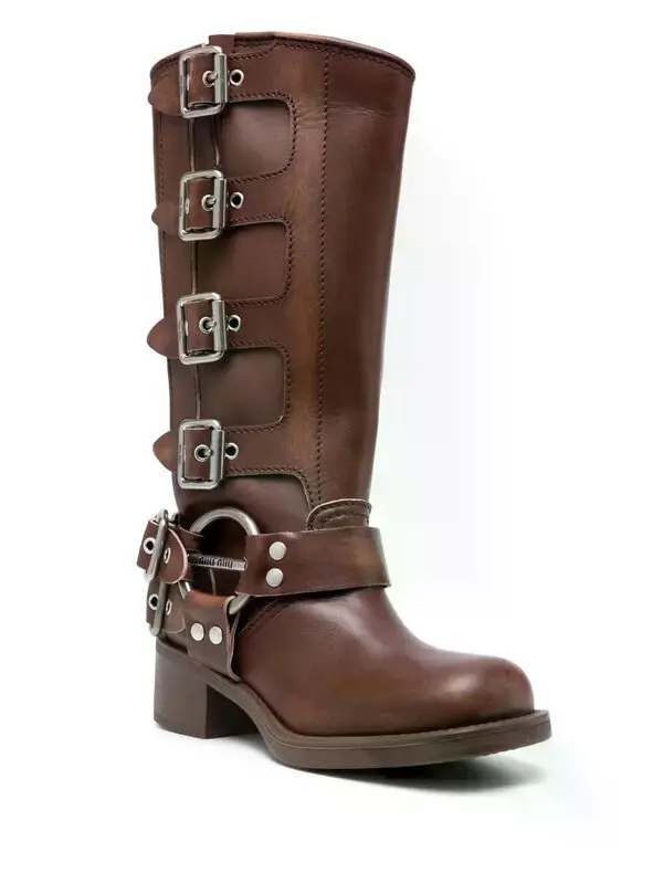 Miu Miu Stivali Buckle Leather Boots - Brown