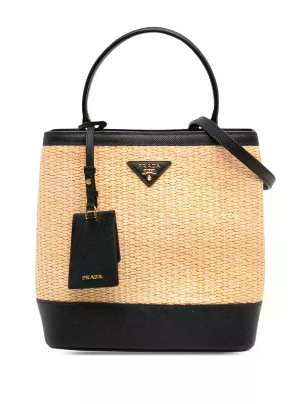 Prada 2019-2026 Medium Saffiano Trimmed Paglia Panier Bag Satchel - Black