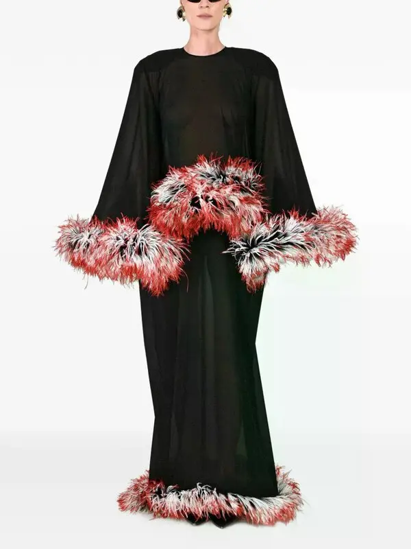 ROWEN ROSE Feather-trim Cape-sleeve Maxi Dress