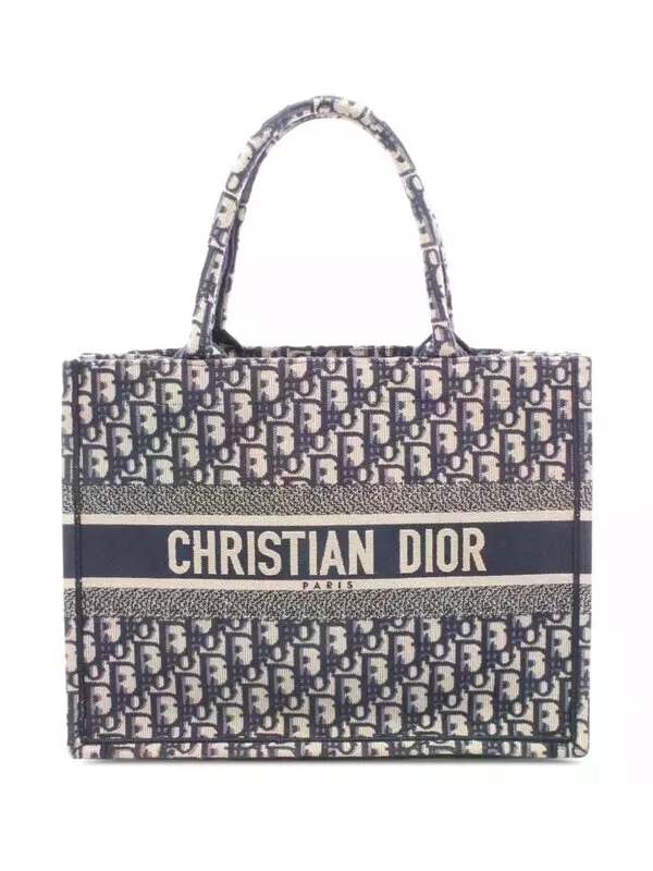 Dior 2015-2026 Medium Oblique Embroidered Canvas Book Tote Bag - Blue
