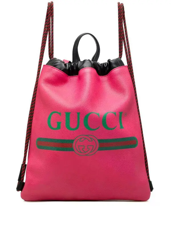 Gucci 2000-2015 Grained Calfskin Web Logo Drawstring Backpack