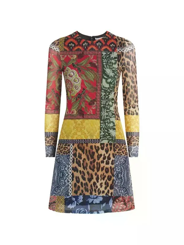 Alice + Olivia Patchwork-print Long-sleeve Mini Dress