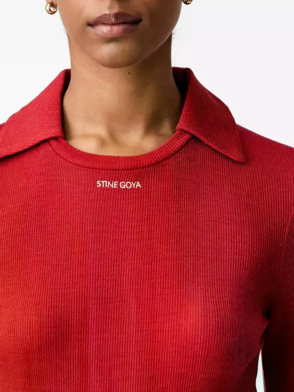 Stine Goya Ribbed-knit Long-sleeve Polo Top