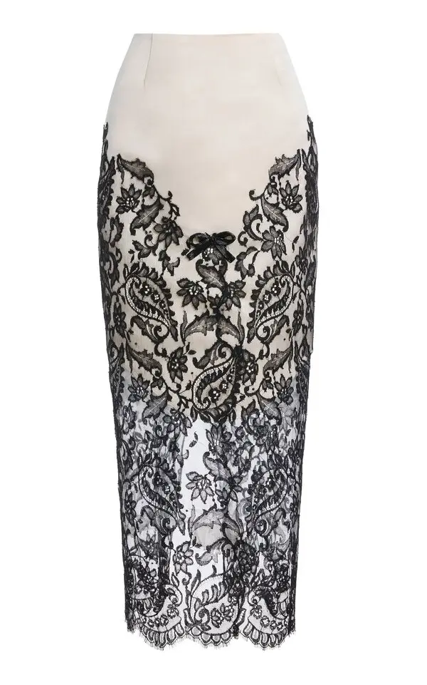 WIEDERHOEFT Exclusive Beaded Lace-detailed Silk-satin Midi Skirt - Ivory