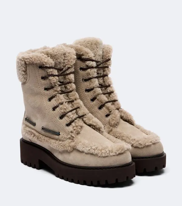 Brunello Cucinelli Monili Shearing-lined Suede Lace-up Boots