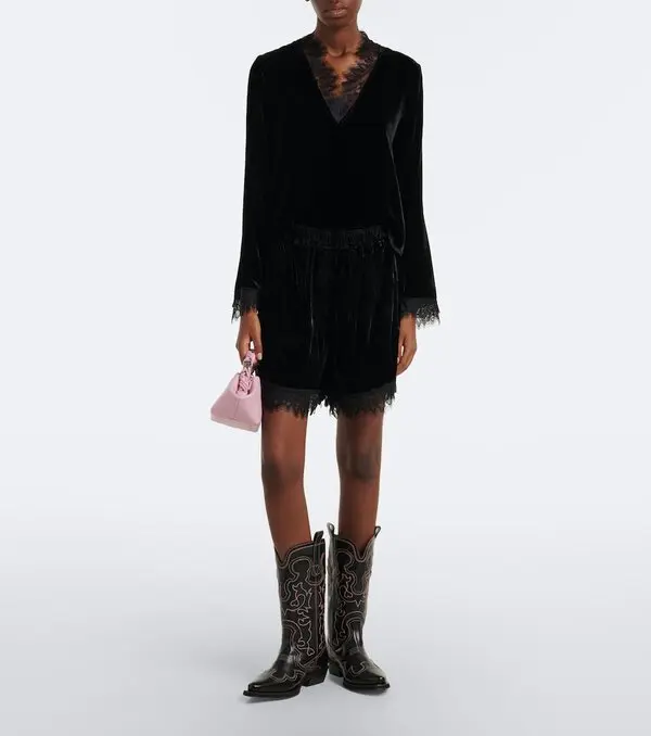 GANNI Lace-trimmed Velvet Shorts