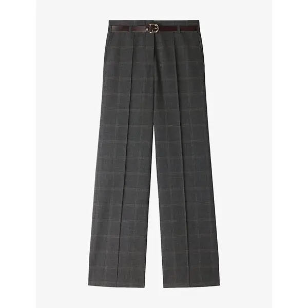 Sandro Checked Belted-waist Stretch Wool-blend Trousers