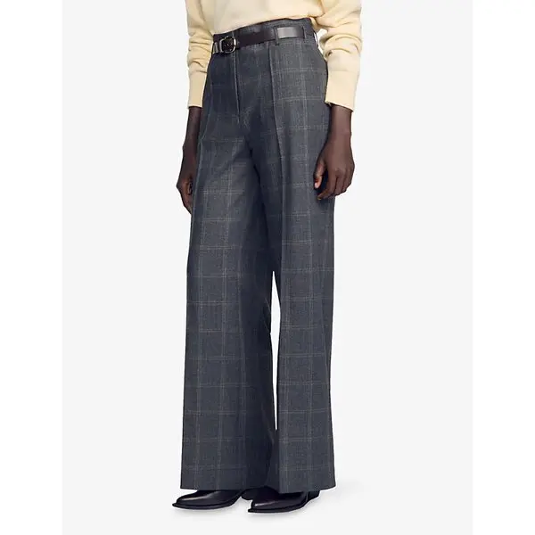 Sandro Checked Belted-waist Stretch Wool-blend Trousers