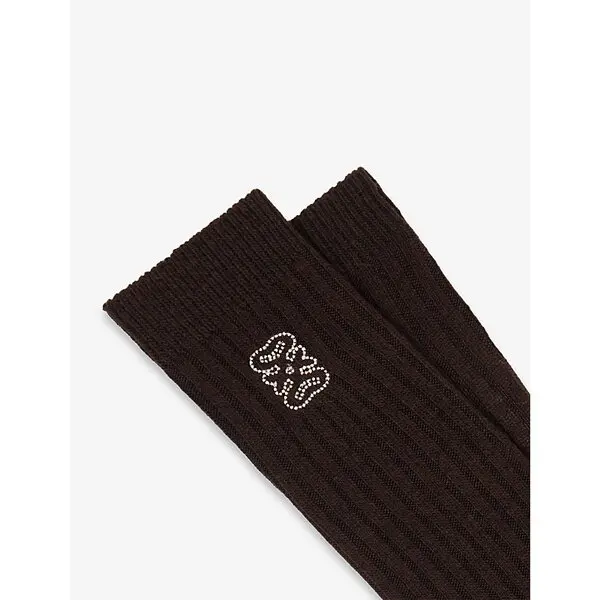 Sandro Ribbed Logo-embroidered Wool And Cashmere-blend Socks - Black Brown