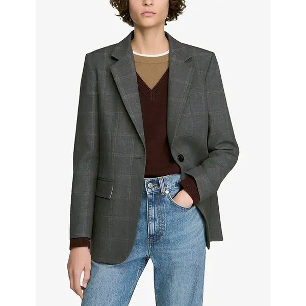 Sandro Checked Lapel-collar Stretch Wool-blend Jacket