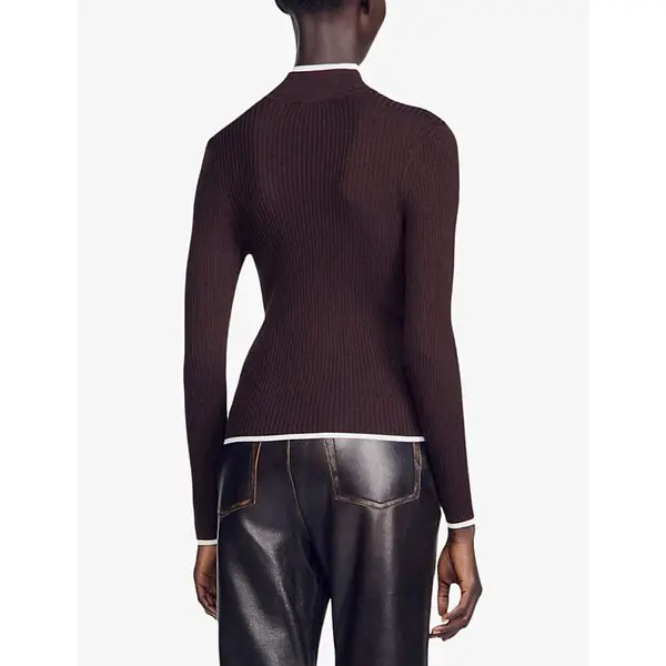 Sandro Ribbed High-neck Wool And Silk-blend Jumper