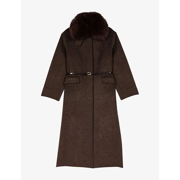 Maje Faux Fur-collar Belted Wool-blend Coat - Dark Brown