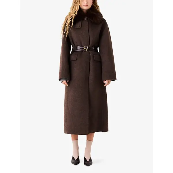 Maje Faux Fur-collar Belted Wool-blend Coat - Dark Brown