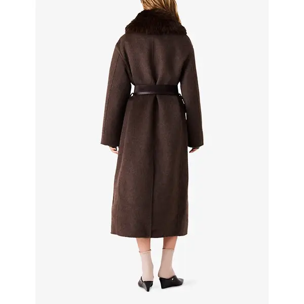 Maje Faux Fur-collar Belted Wool-blend Coat - Dark Brown