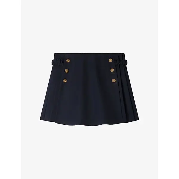 Sandro Pleated Button-embellished Wool-blend Skort - Navy Blue