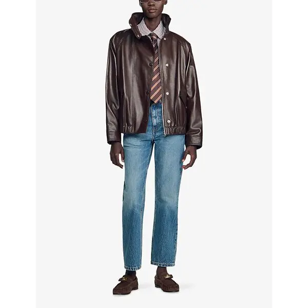 Sandro Oversized Funnel-neck Leather Jacket