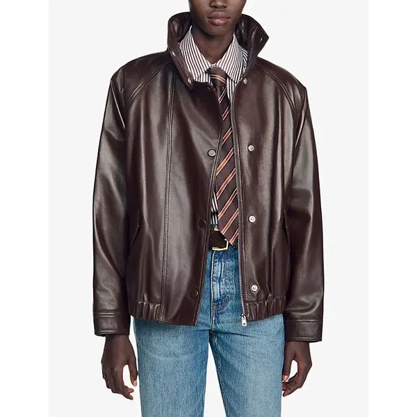 Sandro Oversized Funnel-neck Leather Jacket