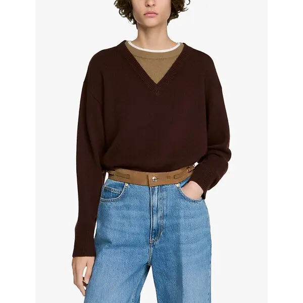 Sandro Two-in-one Wool And Cashmere-blend Jumper - Bordeaux