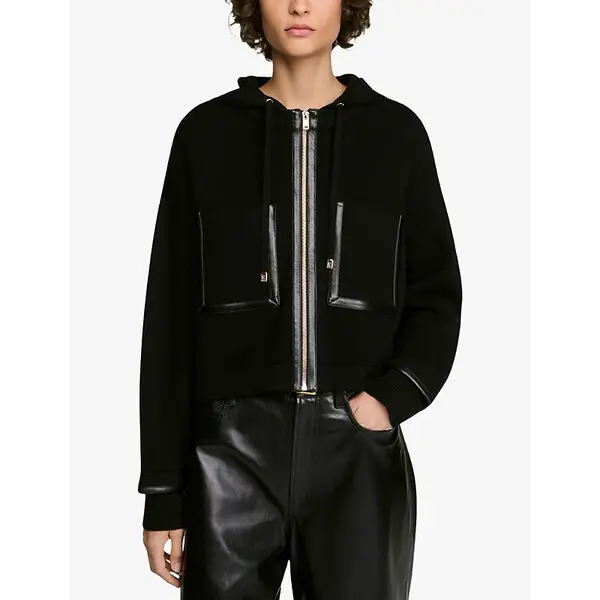 Sandro Hooded Leather-trim Wool And Cashmere Cardigan